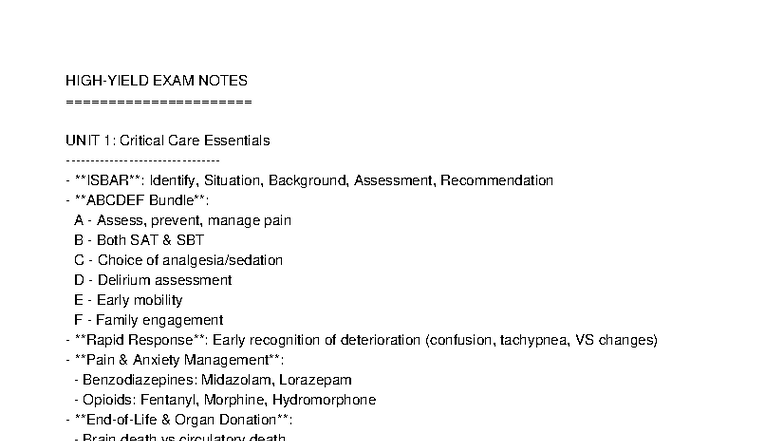 NURS 101: High-Yield Exam Notes on Critical Care Essentials - Studocu