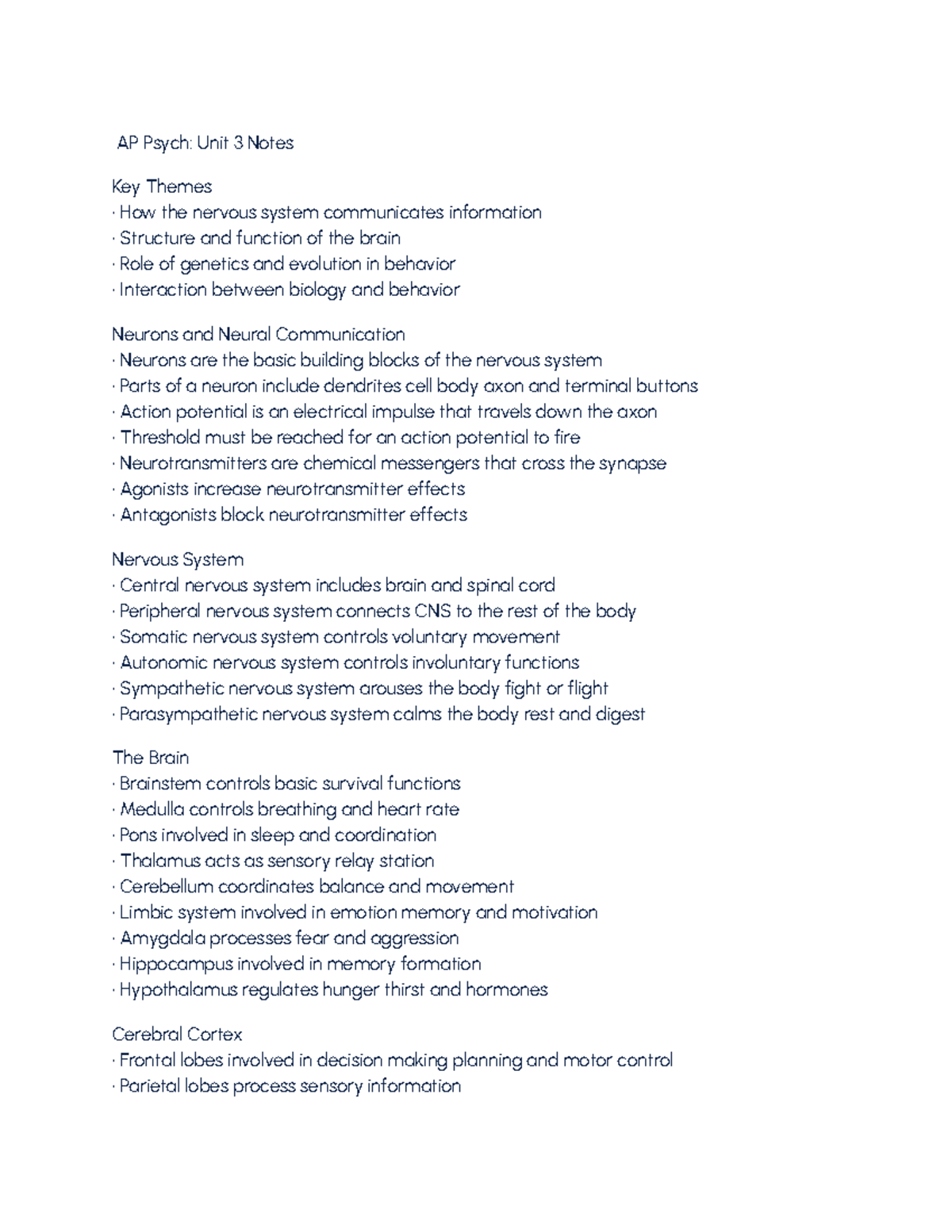 AP Psych: Unit 3 Notes on Nervous System & Behavior - Studocu