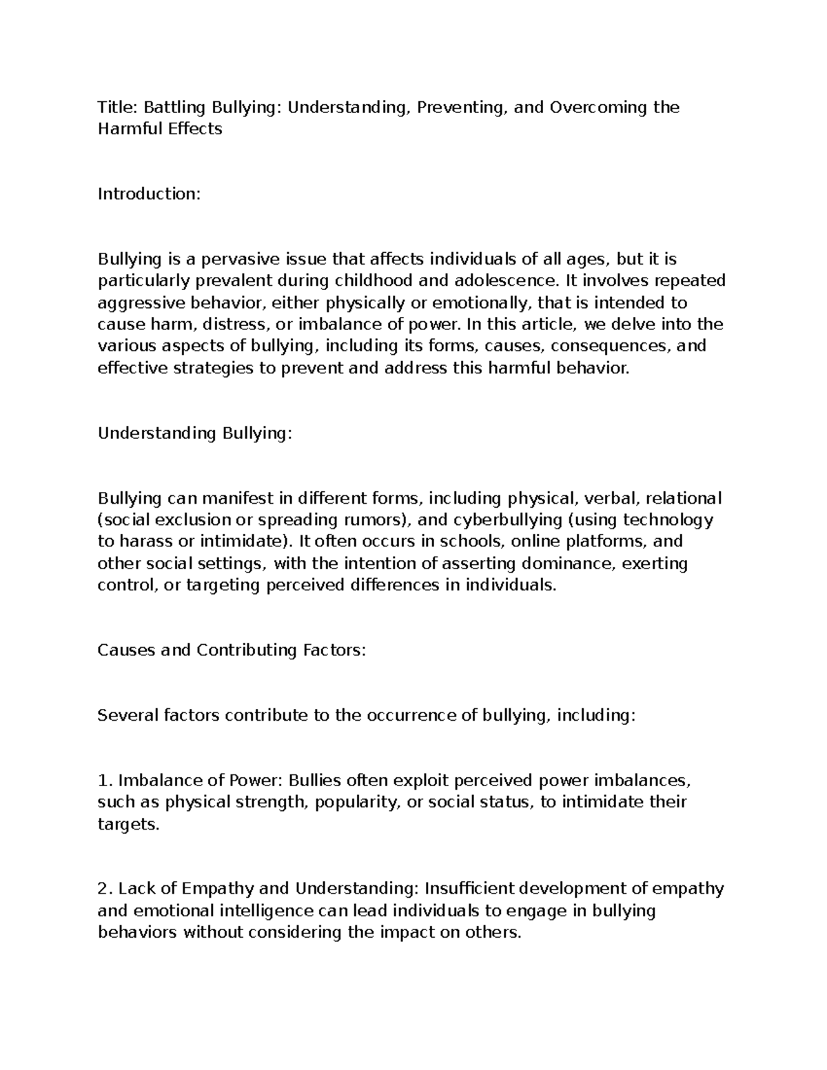 Battling Bullying: Understanding and Preventing Harmful Effects - Studocu