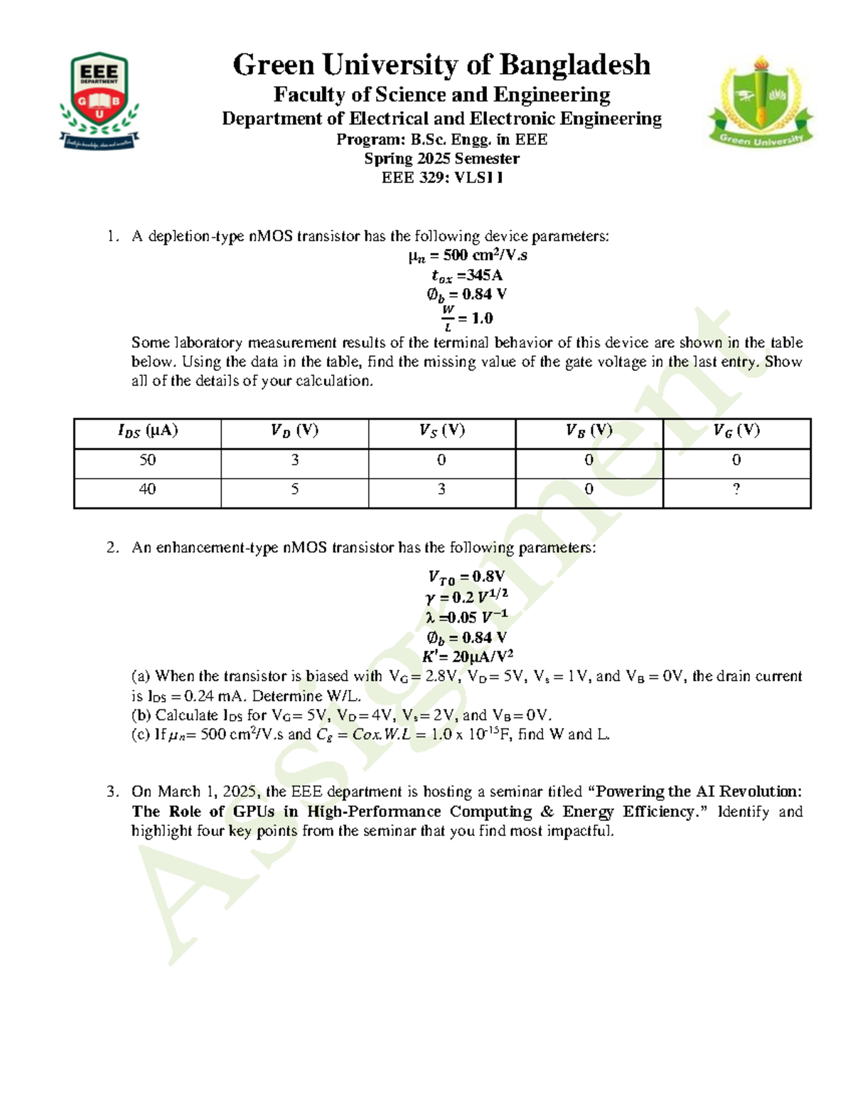 Assignment 10 Marks - VLSI I (EEE 329) Notes for Spring 2025 - Studocu