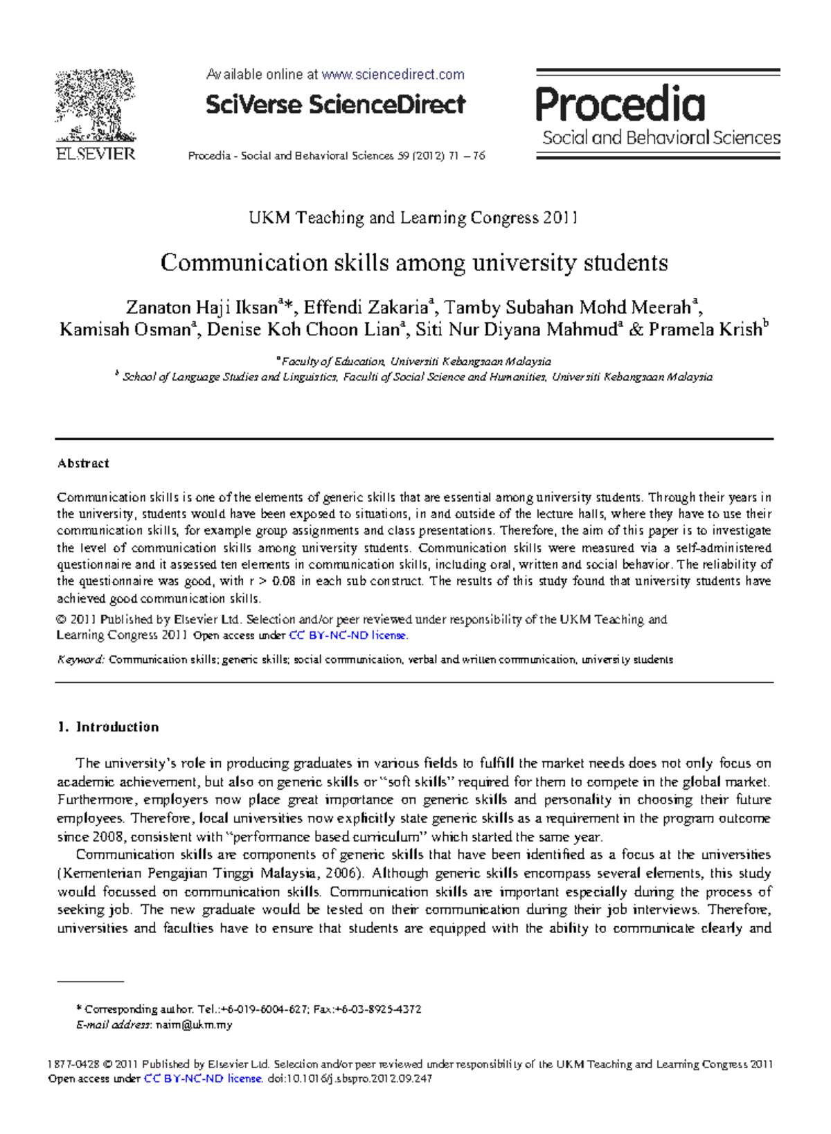 UKM Teaching and Learning Congress 2011: Communication Skills Study ...