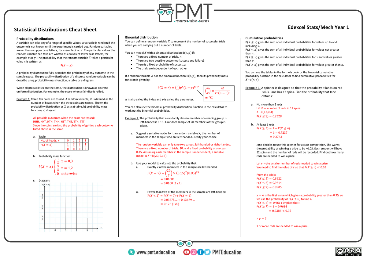 Ch.6 Edexcel Year 1 Statistical Distributions Cheat Sheet - Studocu