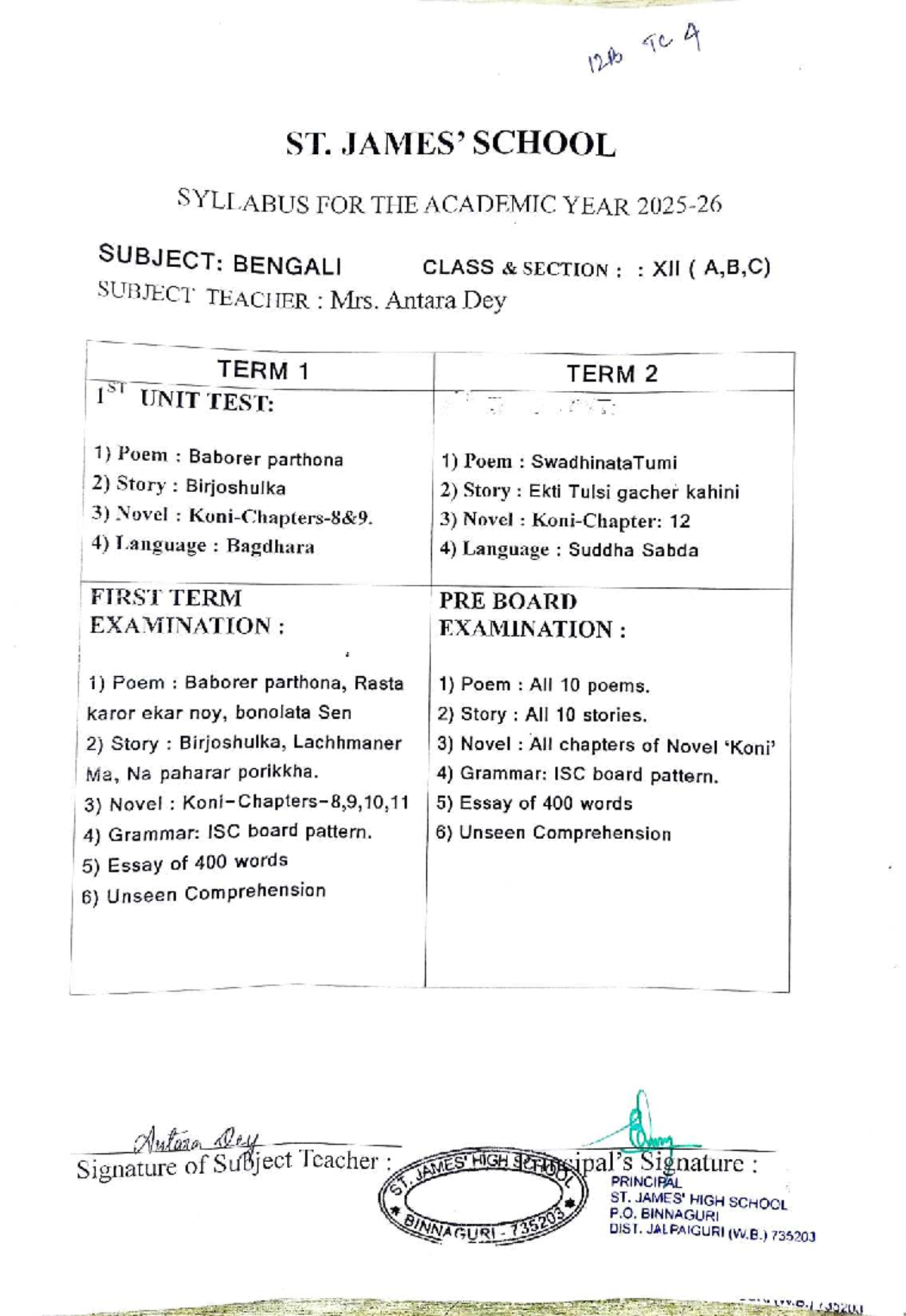 12B TC Syllabus for Class XII - Academic Year Overview - Studocu