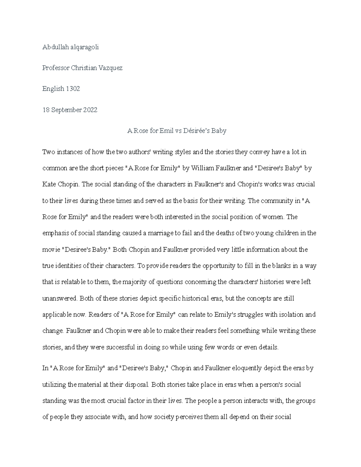 Comparative Analysis of "A Rose for Emily" & "Desiree's Baby" - English ...