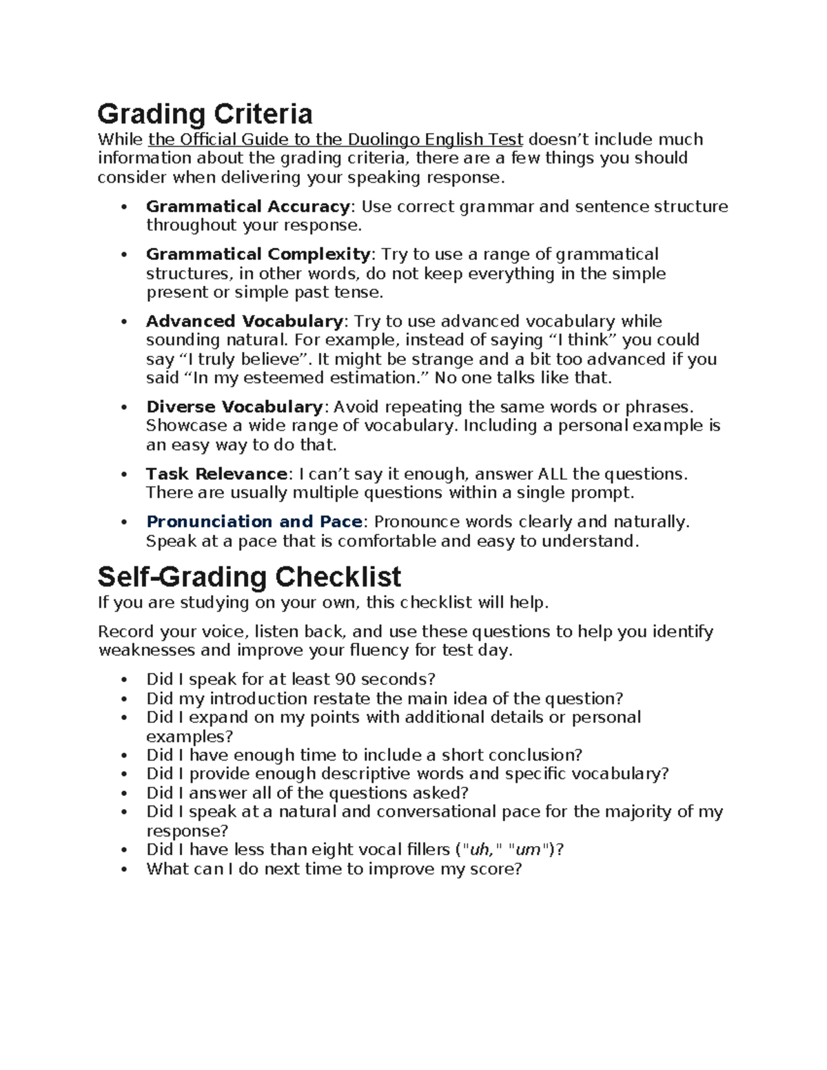 Duolingo English Test: Speaking Grading Criteria Guide - Studocu