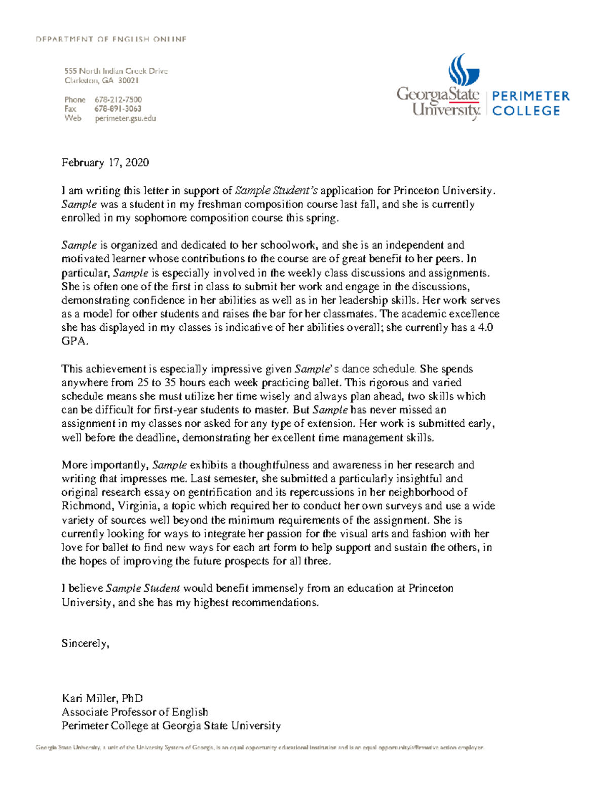 Recommendation Letter for Sample Student - College Application - Studocu