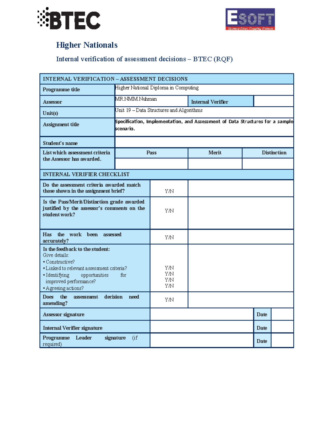Unit 19: Data Structures & Algorithms - Internal Verification Checklist - Studocu