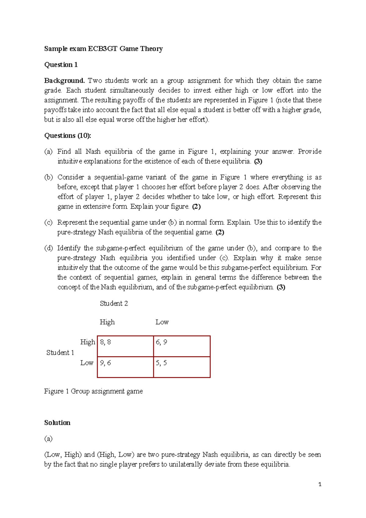 Sample Exam ECB3GT: Game Theory 2023-2024 - Studeersnel