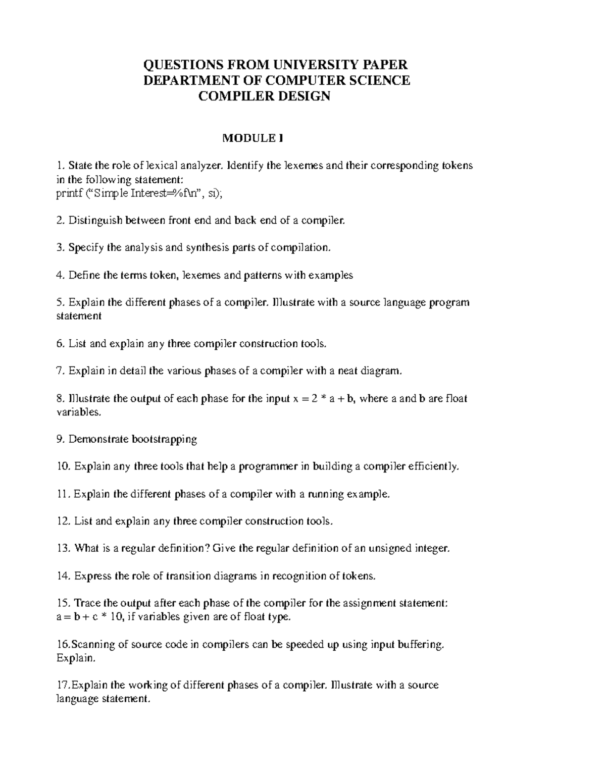 Compiler Design KTU Module 1: Key Questions & Concepts Review - Studocu