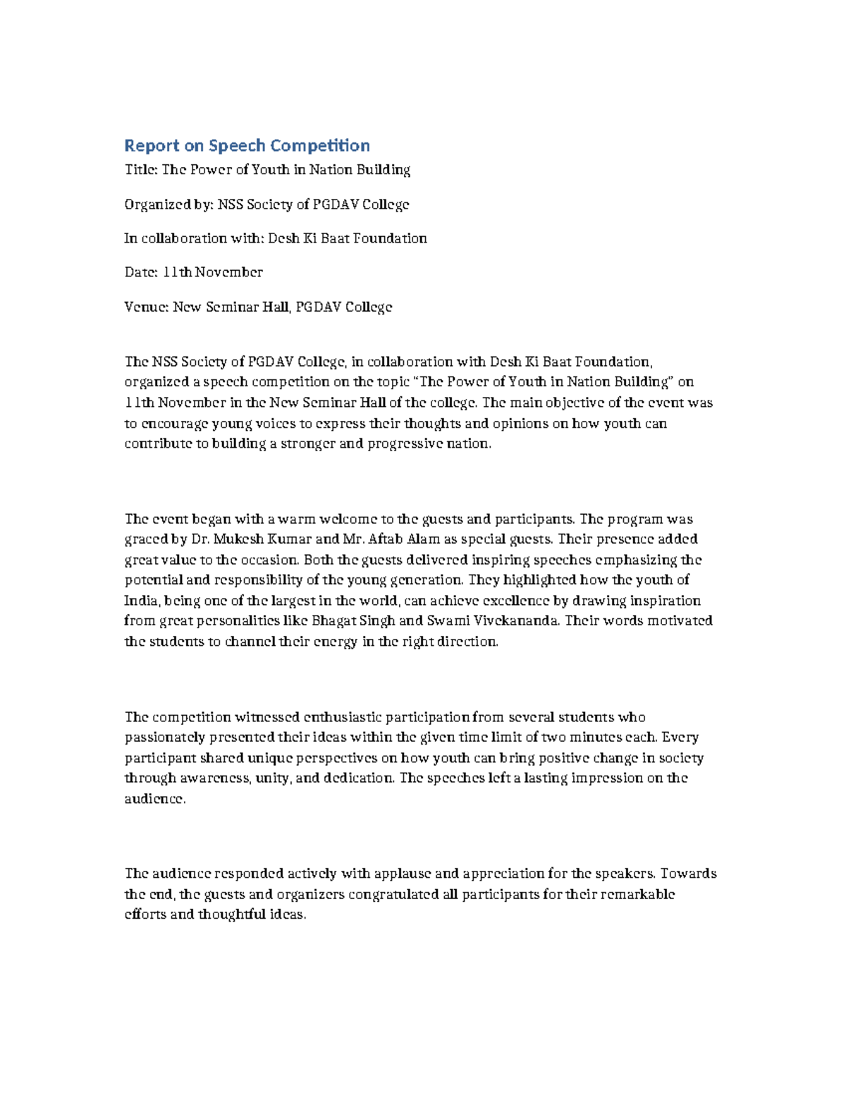 Report on NSS Speech Comp: Power of Youth in Nation Building - Studocu