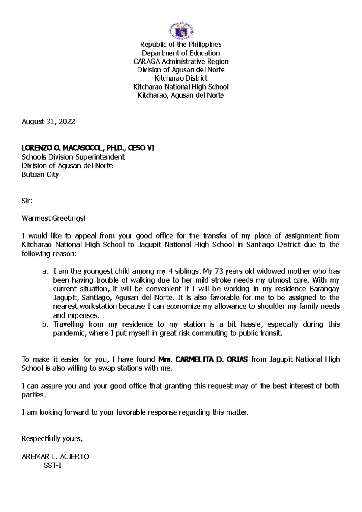 Swapping Agreement for Assignment: Aremar L. Acierto & Carmelita D ...