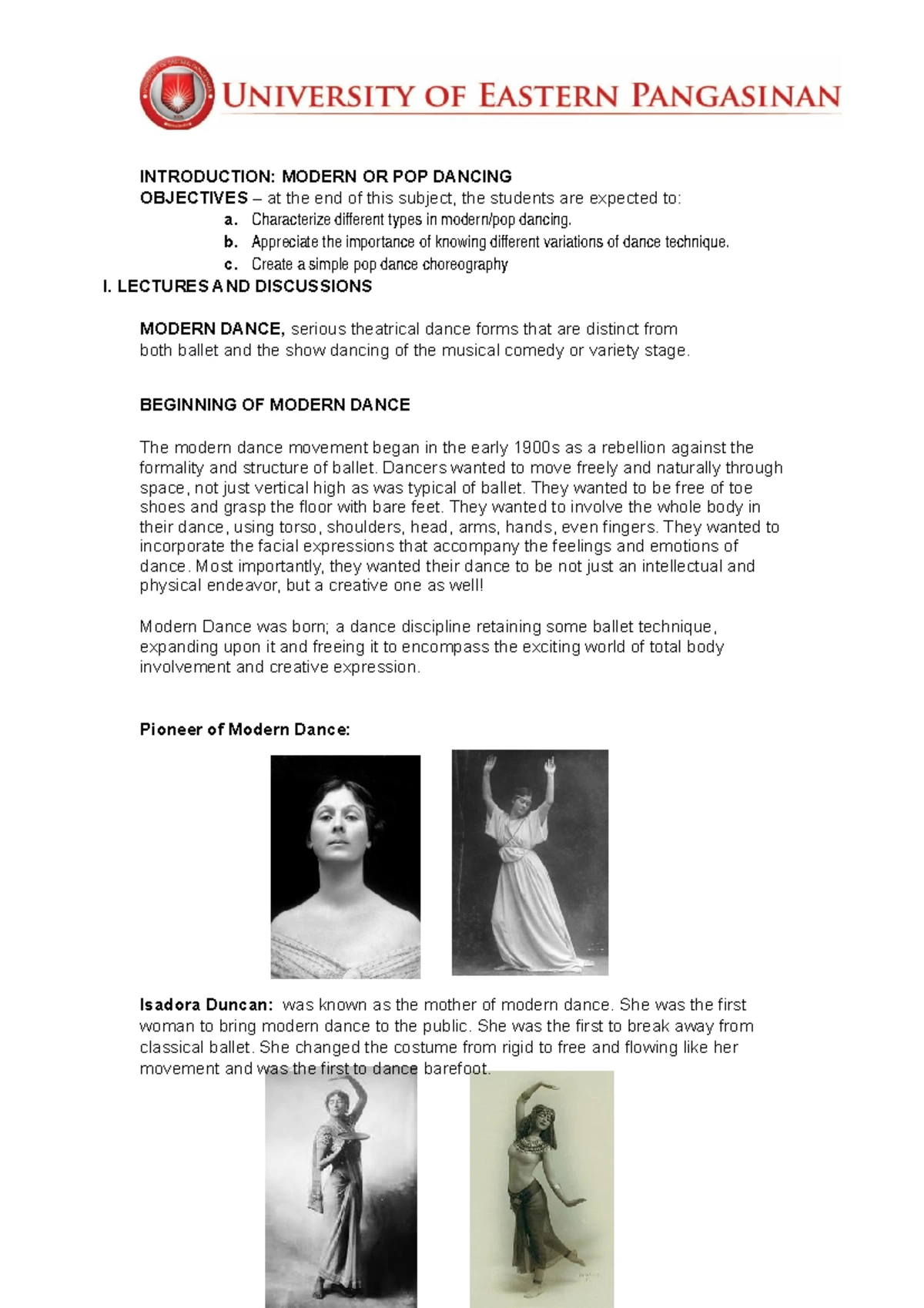Modern Dance module - INTRODUCTION: MODERN OR POP DANCING OBJECTIVES ...