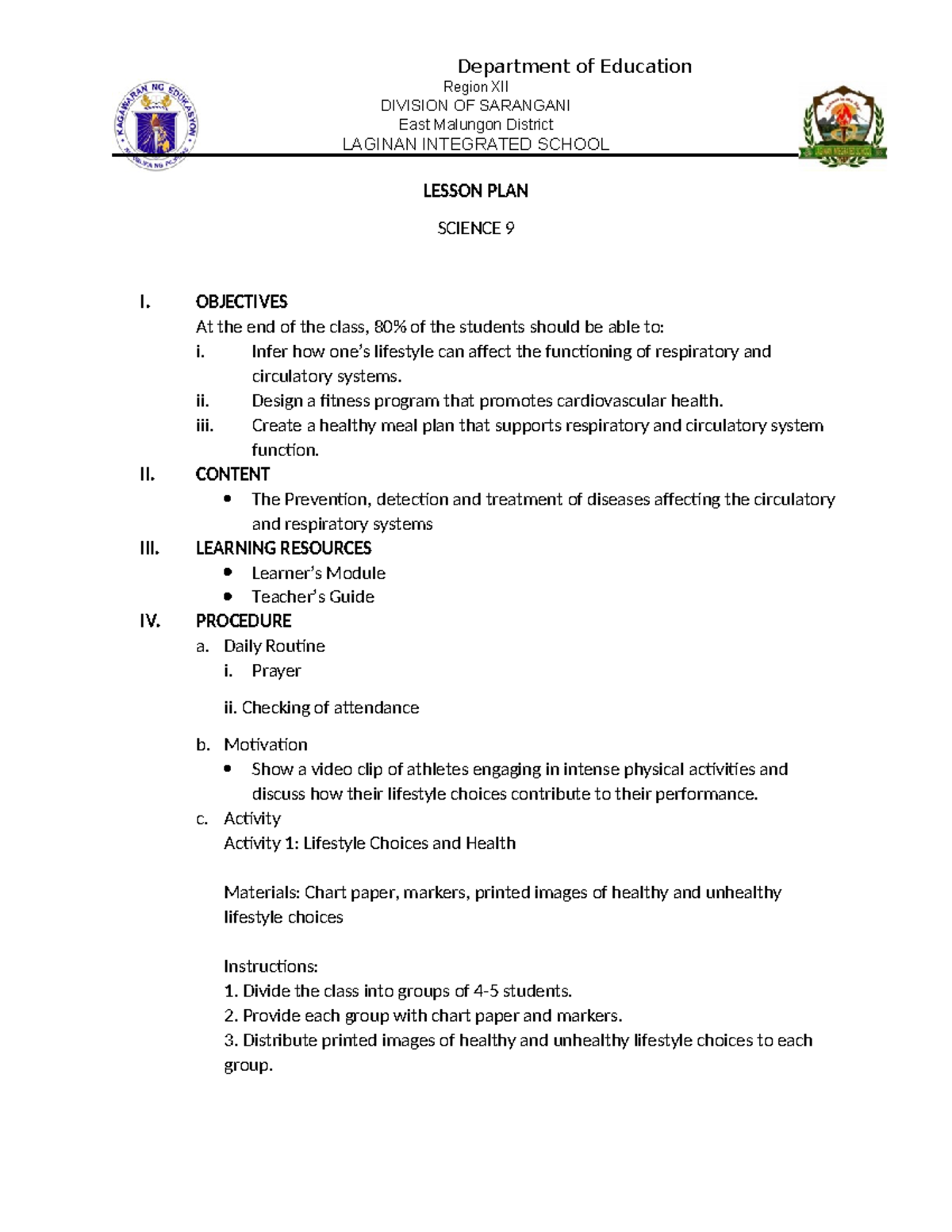 Lesson PLAN: SCIENCE 9 on Smoking and Healthy Lifestyles - Studocu