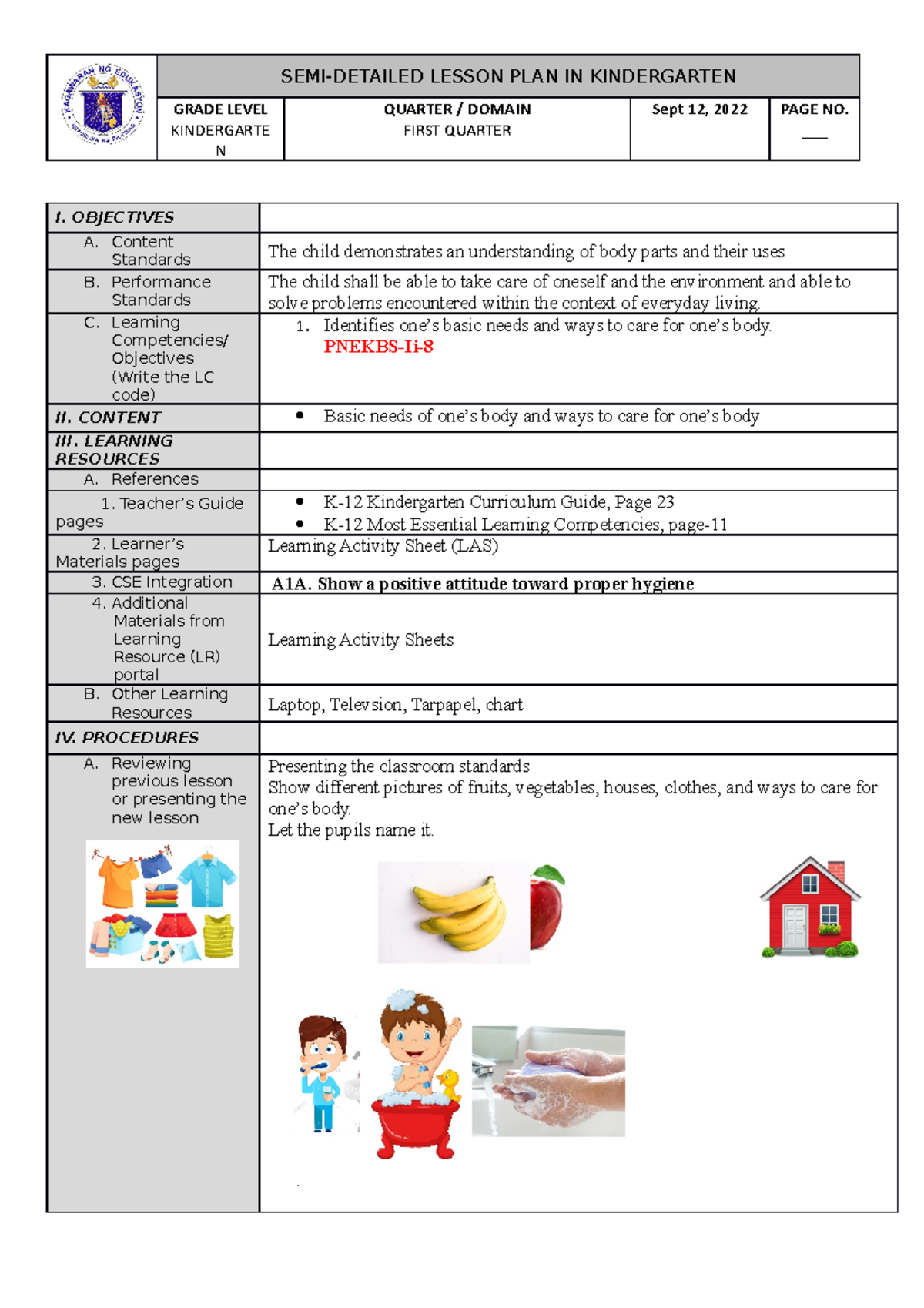 CSE-DLP Kindergarten Lesson Plan: First Quarter Objectives & Activities - Studocu