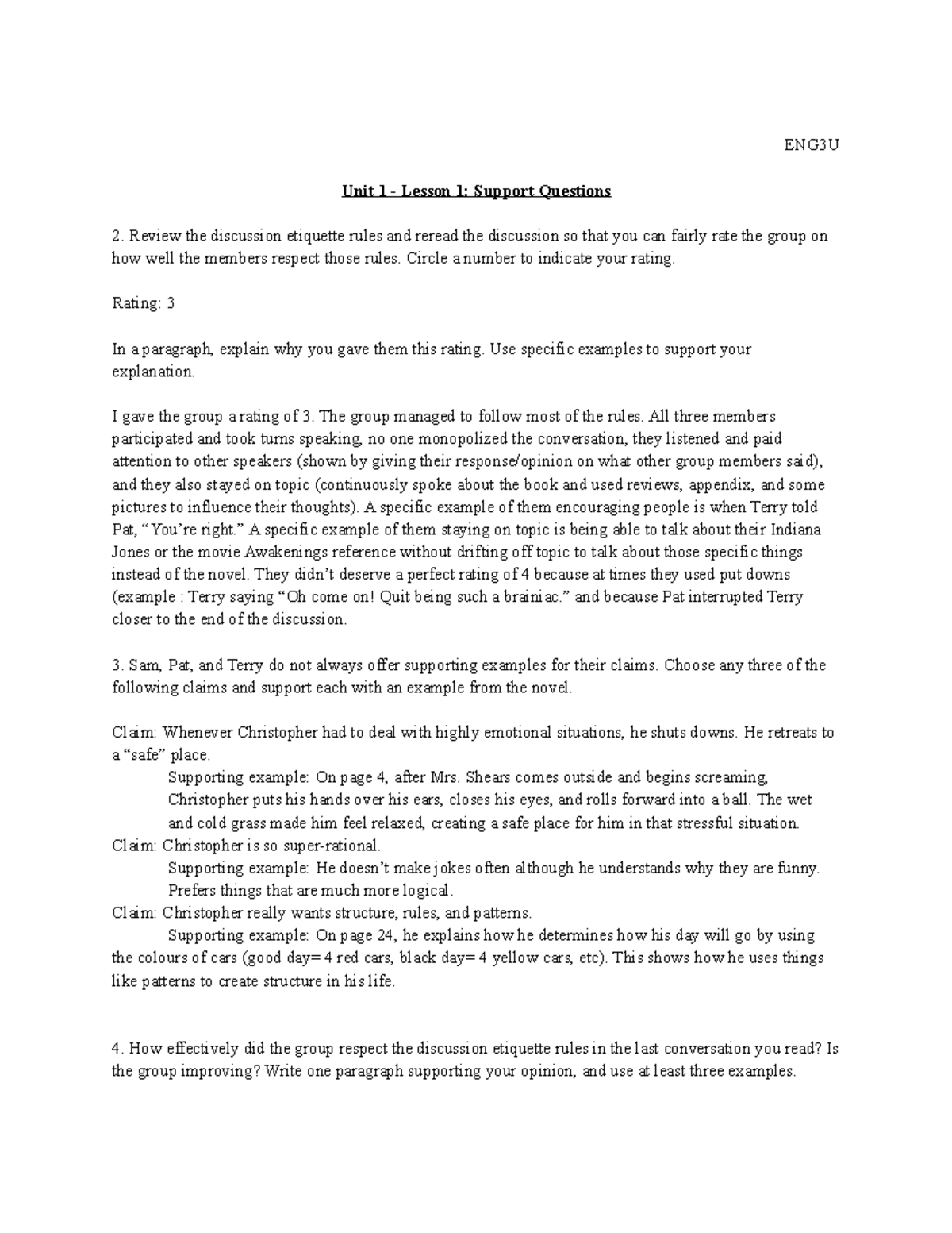 Lesson 1 - ENG3U - ENG3U Unit 1 - Lesson 1: Support Questions Review ...
