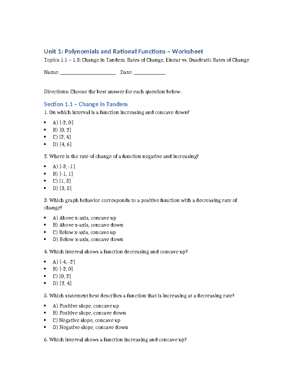 Unit 1: Polynomials & Rational Functions Worksheet (Topics 1.1-1.3 ...