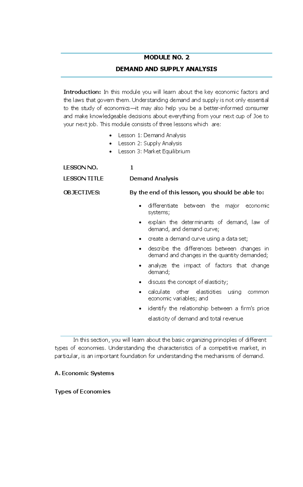 Economics - M2 Demand & Supply Analysis: Key Concepts & Lessons - Studocu