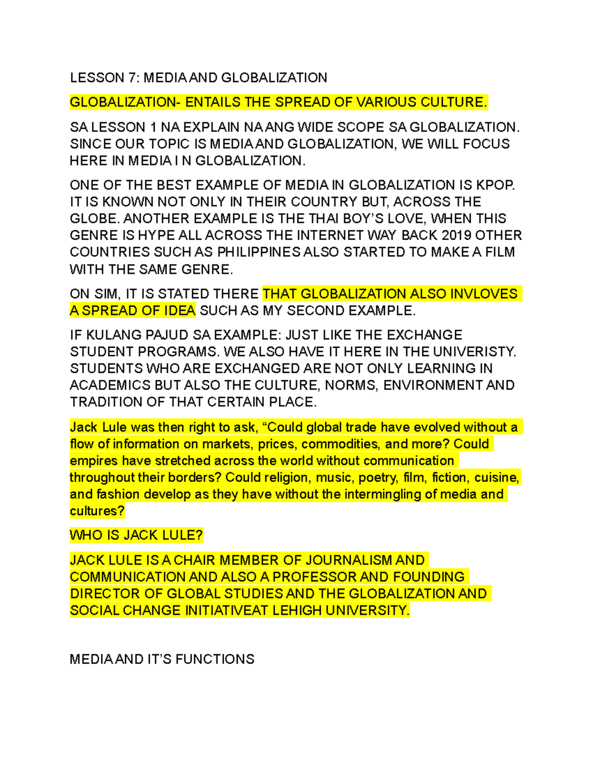 Lesson 7 Reporting GE3 - ge 3 - LESSON 7: MEDIA AND GLOBALIZATION ...