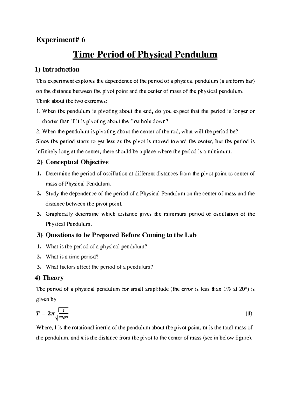 Experiment 6 - Time Period of Physical Pendulum - Experiment# 6 Time ...