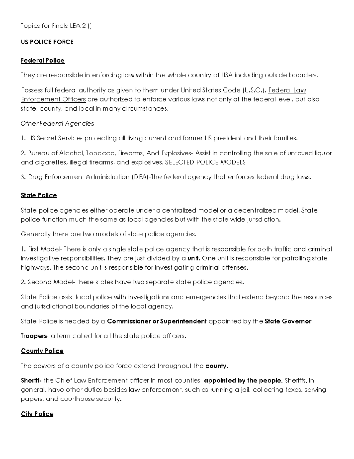 Topics for Finals LEA 2 - Law Enforcement Adminstration 2 - Topics for ...