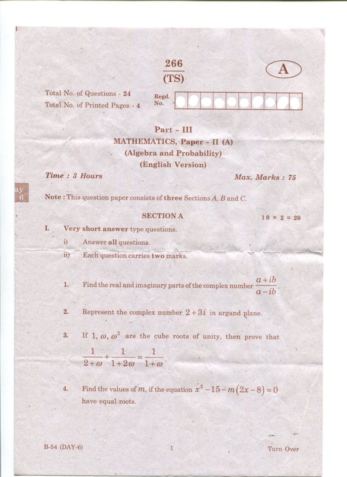 Mathematics Paper II (A) (Algebra & Probability) - 266 A (TS) Exam ...