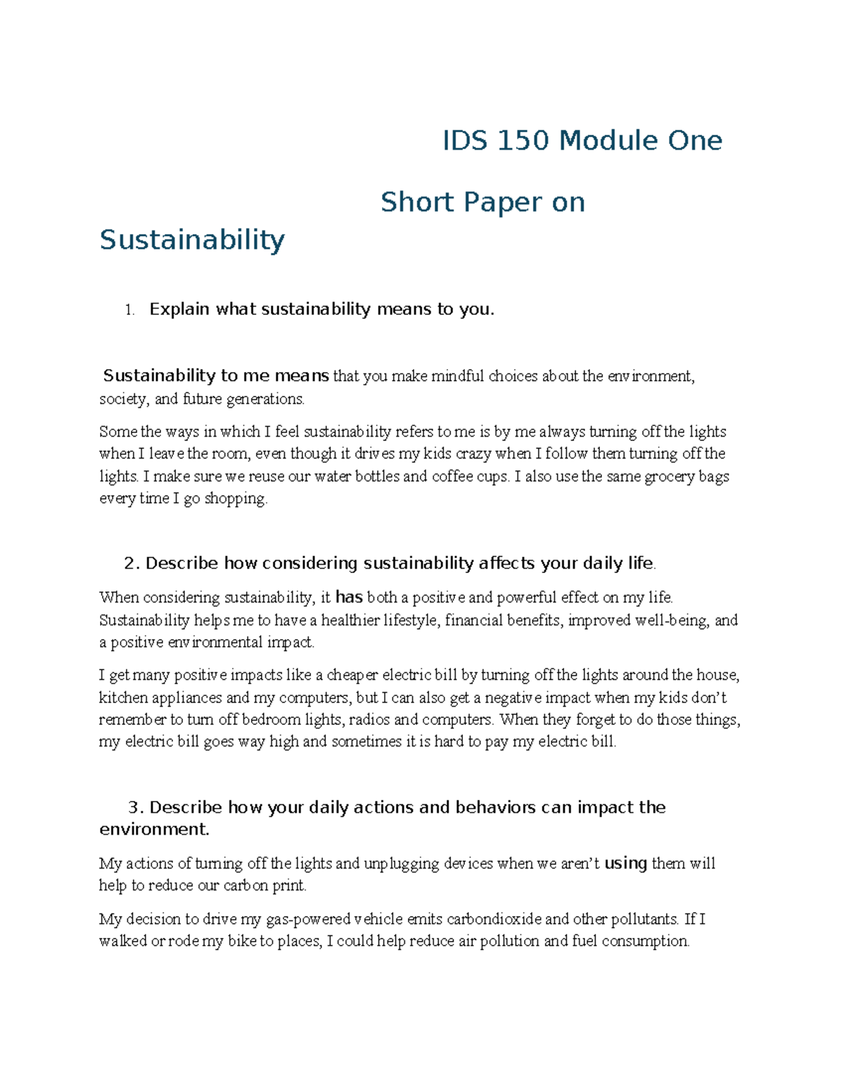 IDS 150 Module 1 Final Paper on Personal Sustainability Practices - Studocu