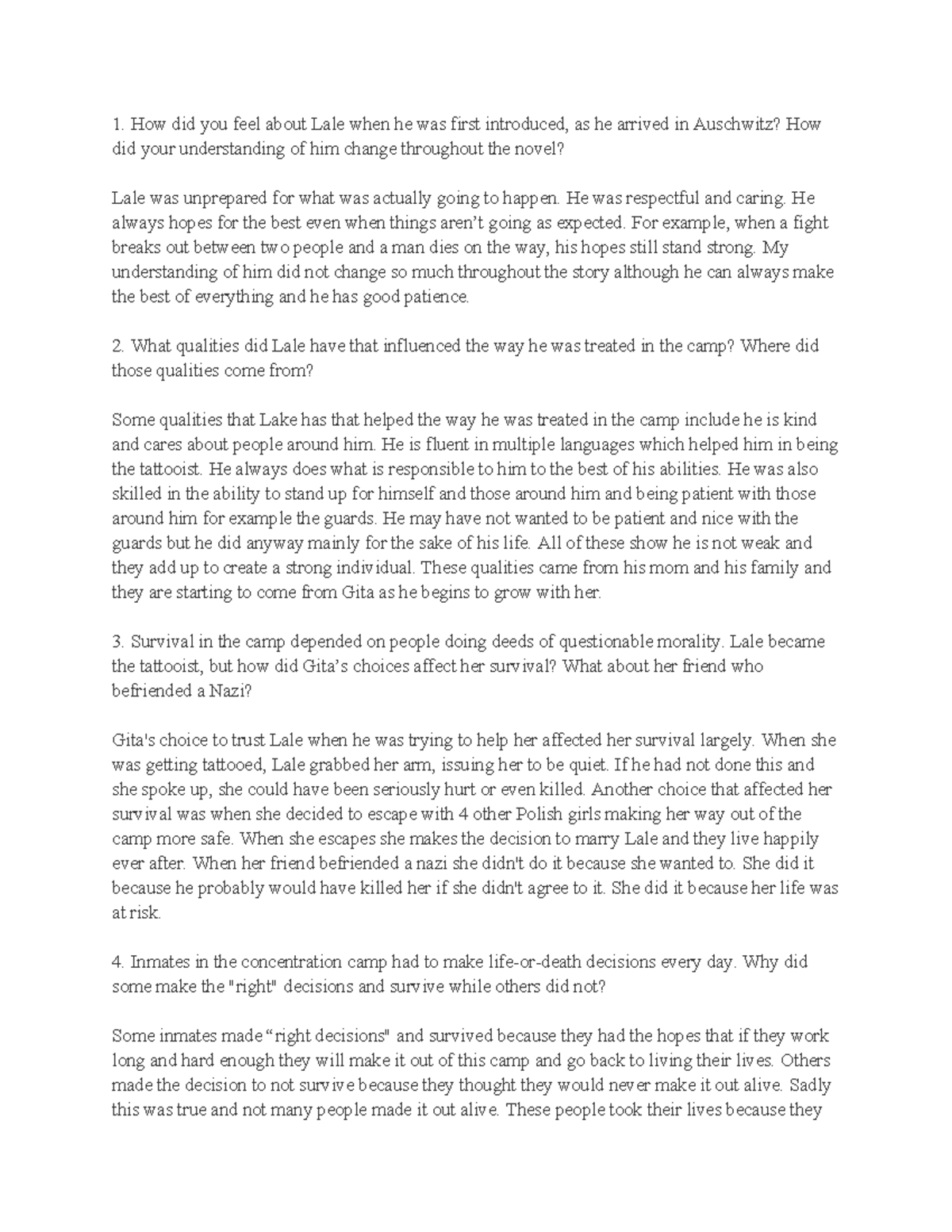 The Tattooist of Auschwitz (Course Code: TAA) - Analysis Questions ...