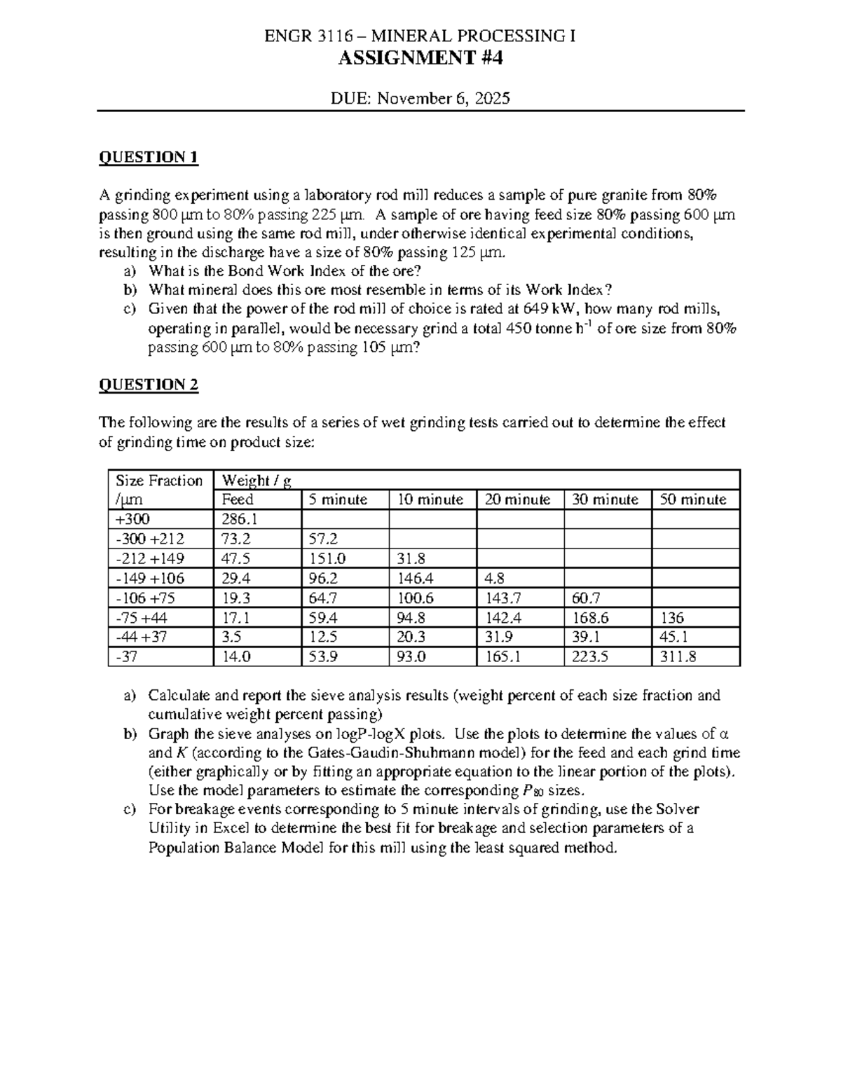 ENGR 3116 Mineral Processing I Assignment 4 - Due Nov 6, 2025 - Studocu