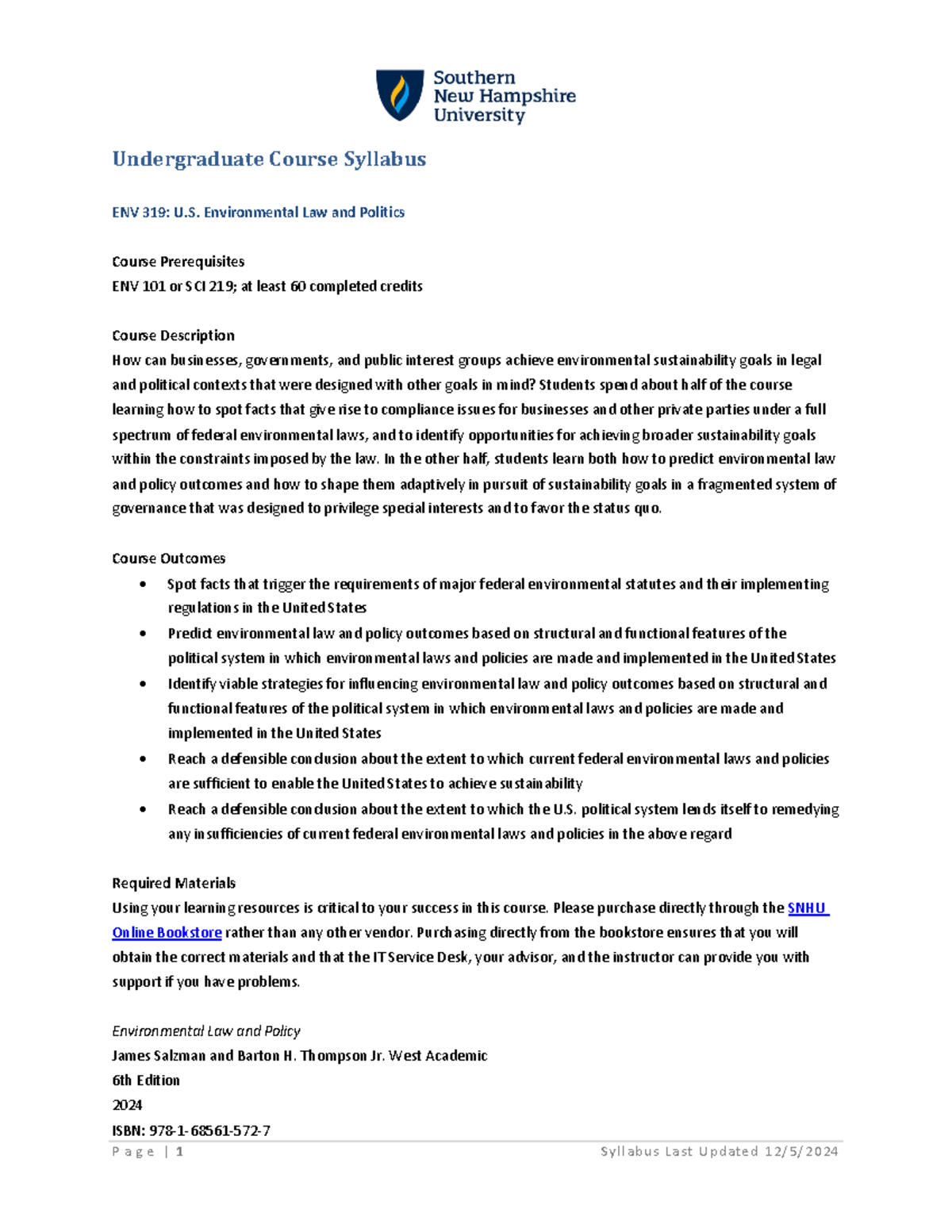 ENV 319: Syllabus for U.S. Environmental Law and Politics Course - Studocu