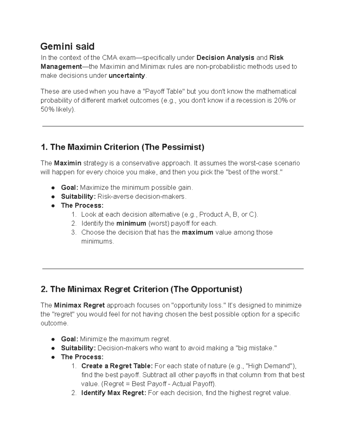 CMA Decision Analysis: Maximin, Minimax, and Maximax Strategies - Studocu