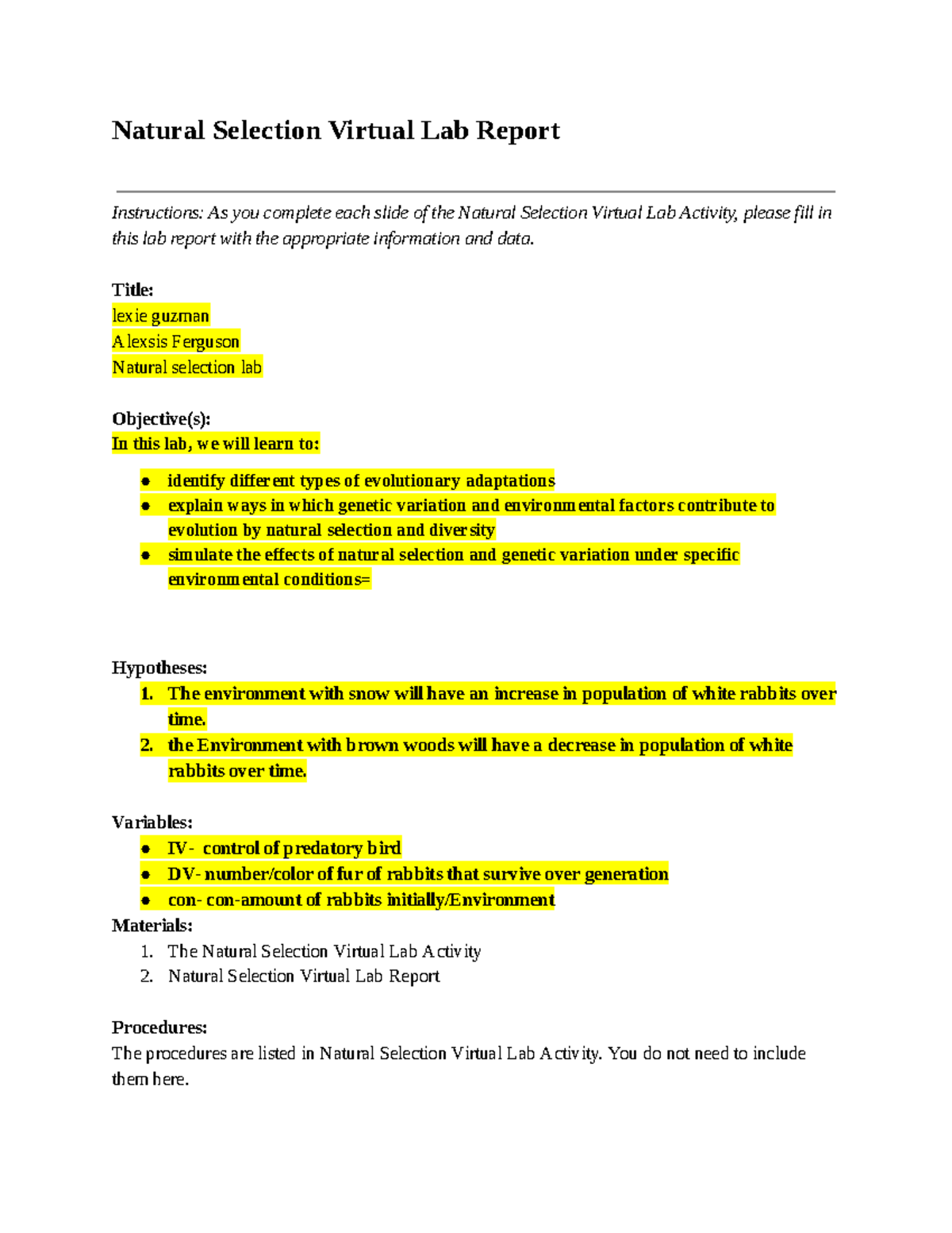 05 02 natural selection lab report - Google Docs - Natural Selection ...