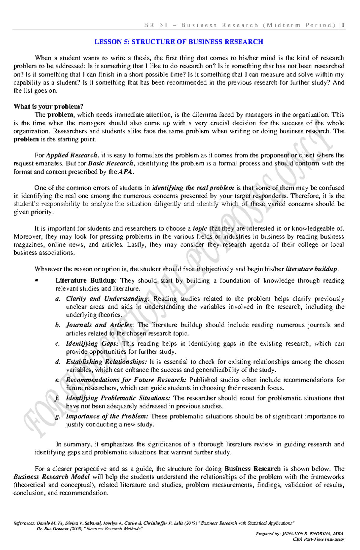 BR 31 Business Research (Midterm Period) Lesson 5: Research Structure ...