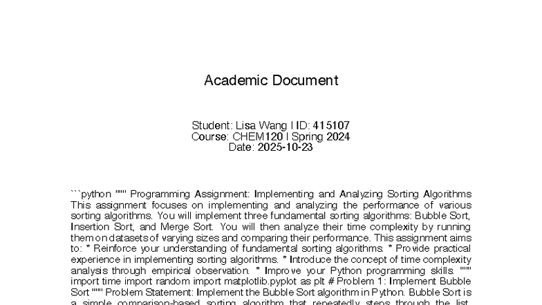 CHEM120 Spring 2024: Sorting Algorithms Implementation & Analysis - Studocu