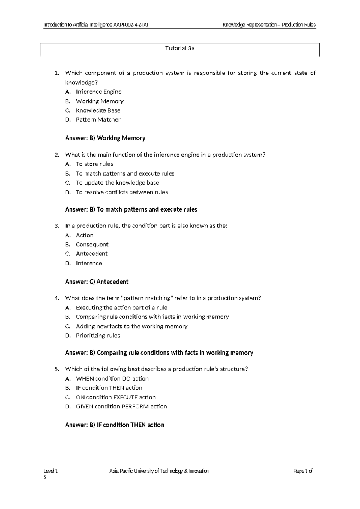 Tutorial 3a Knowledge Representation - Production Rules - Solution ...
