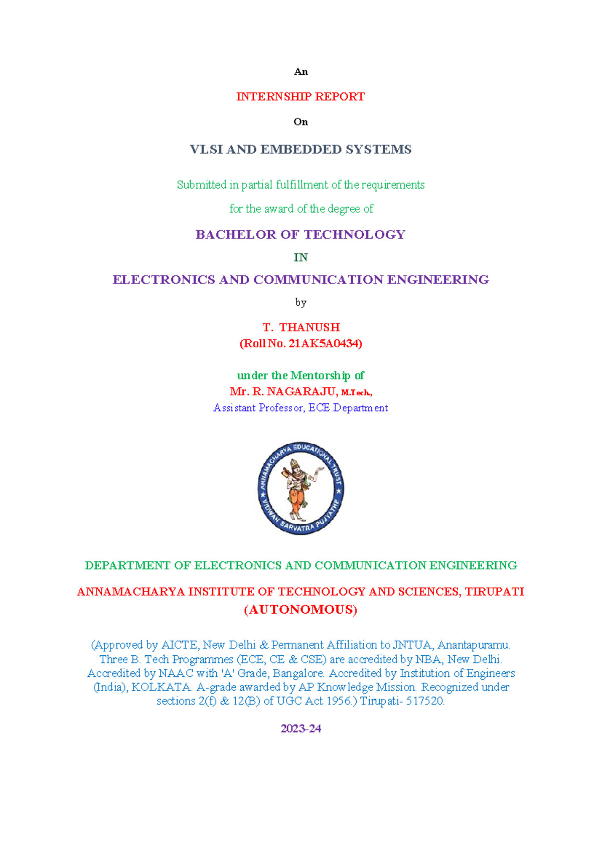 Internship Report on VLSI and Embedded Systems (20APR0201) - Studocu