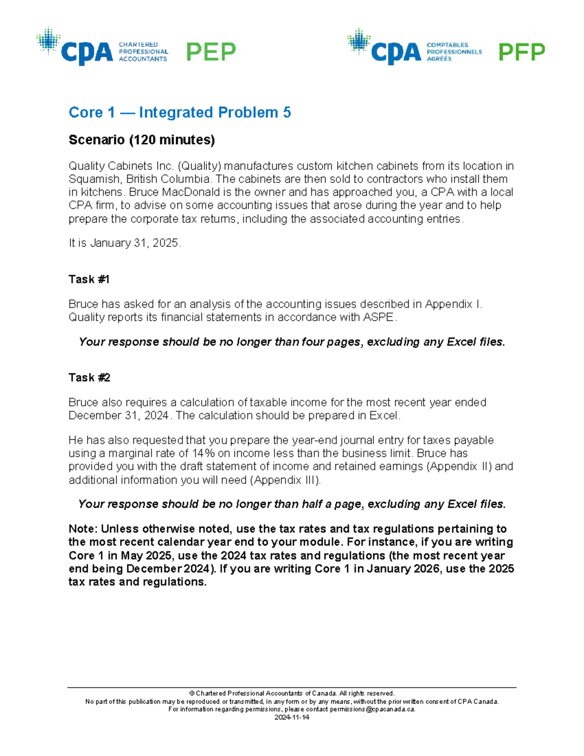 CO1-2501E Integrated Problem 5: Quality Cabinets Inc. Tax Analysis ...