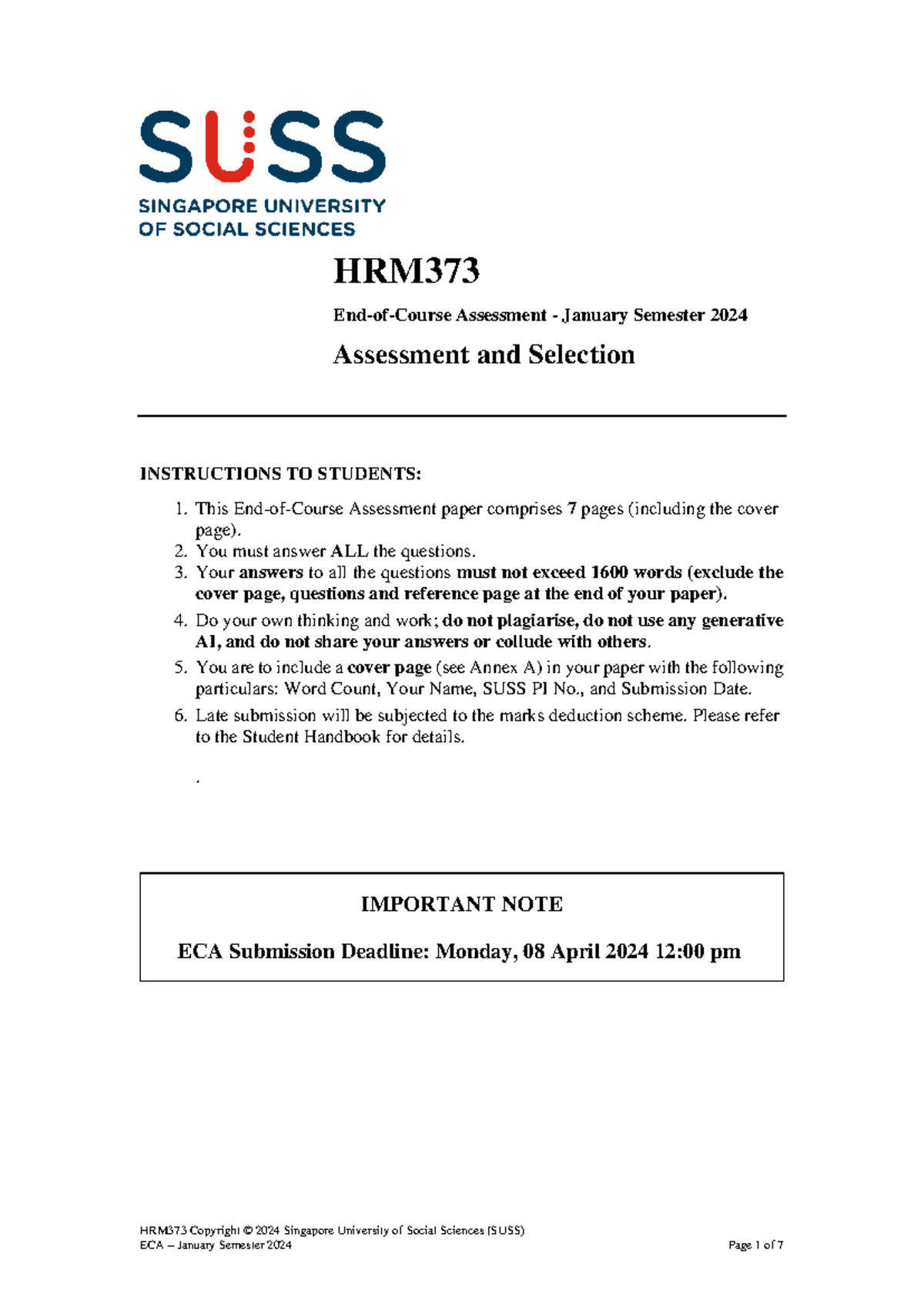 HRM373 ECA January 2024 - Assessment & Selection Guidelines - Studocu