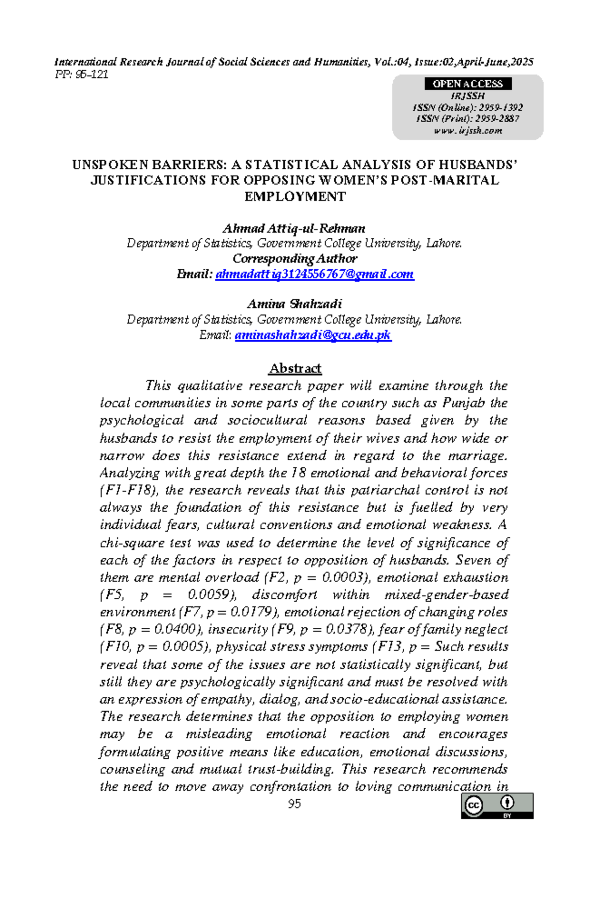 Statistical Analysis of Husbands' Opposition to Wives' Employment in ...