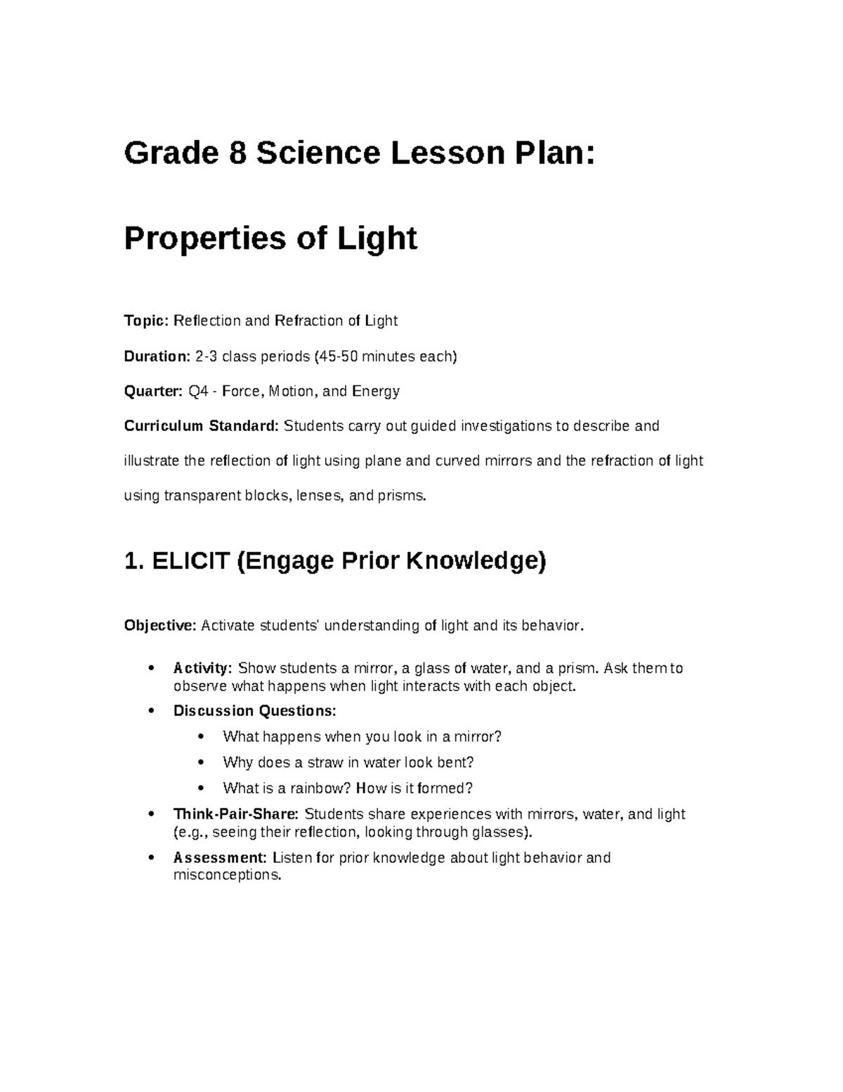 Grade 8 Science Lesson Plan: Reflection & Refraction of Light (Q4 ...