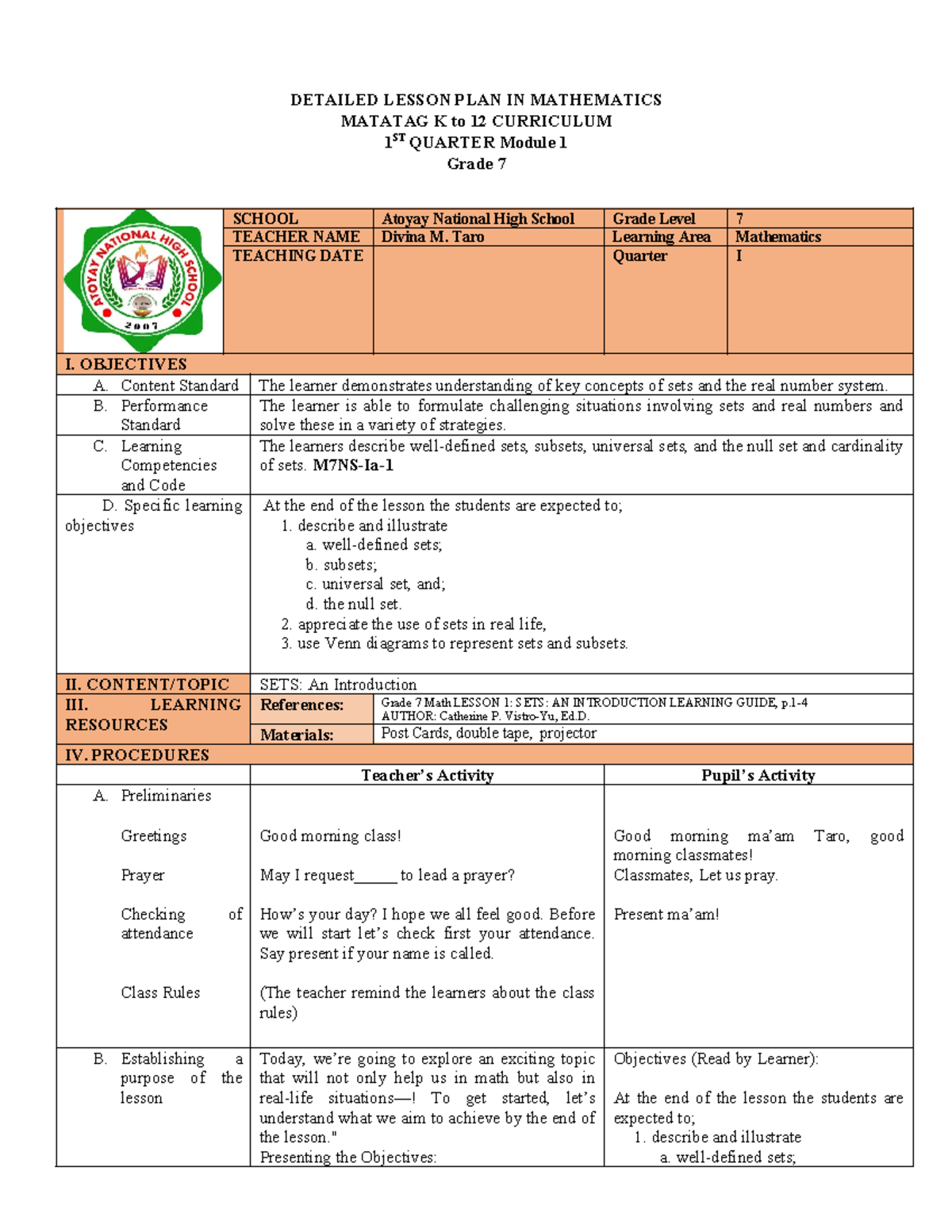 Grade 7 Math Lesson Plan: Introduction to Sets (MATATAG K to 12) - Studocu