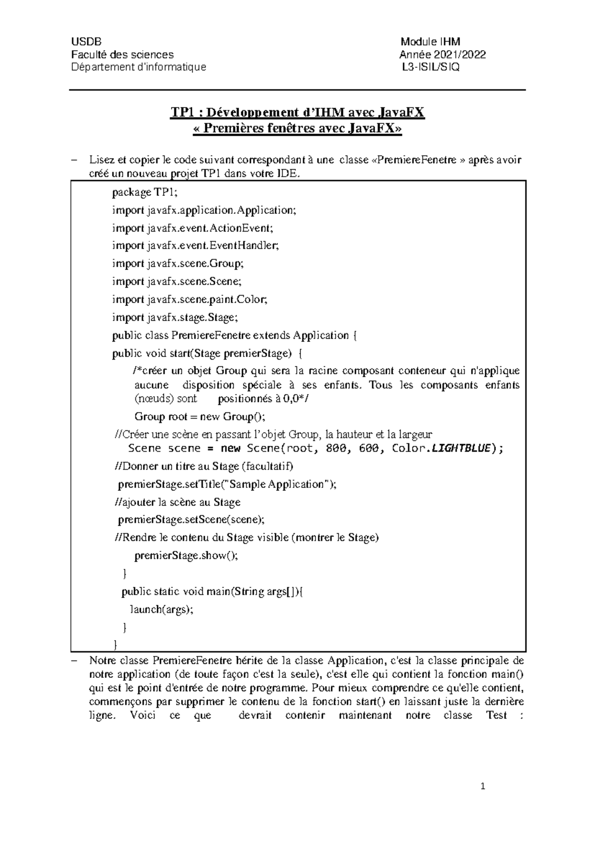 TP1 : Développement de Fenêtres avec JavaFX - Module IHM USDB - Studocu