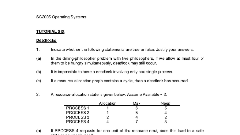 SC2005 Operating Systems TUTORIAL 6: Deadlocks and Resource Allocation ...