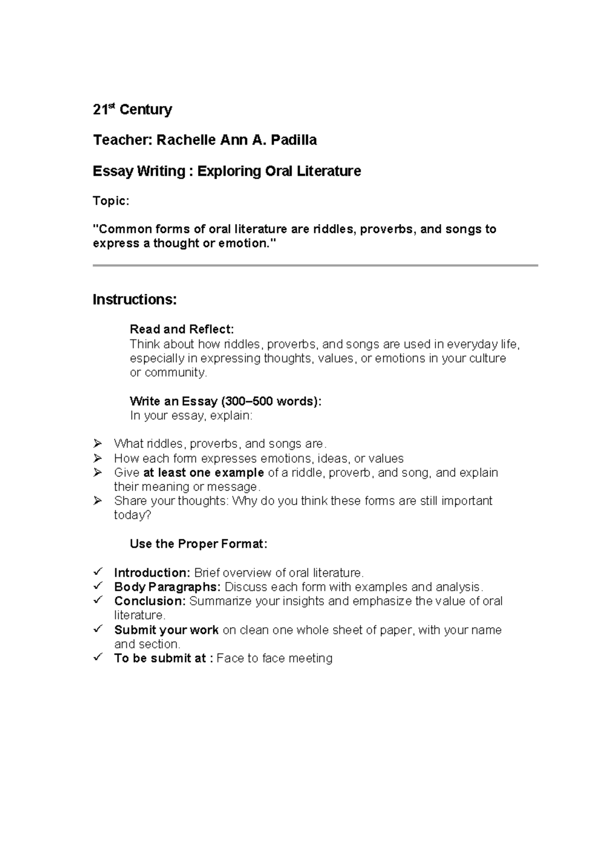 ACT-3-21ST-Century: Essay on Oral Literature Forms and Their ...