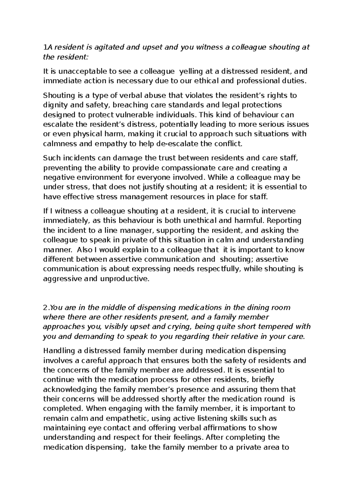 Competency Case Study: Ethical Responses in Resident Care Scenarios ...
