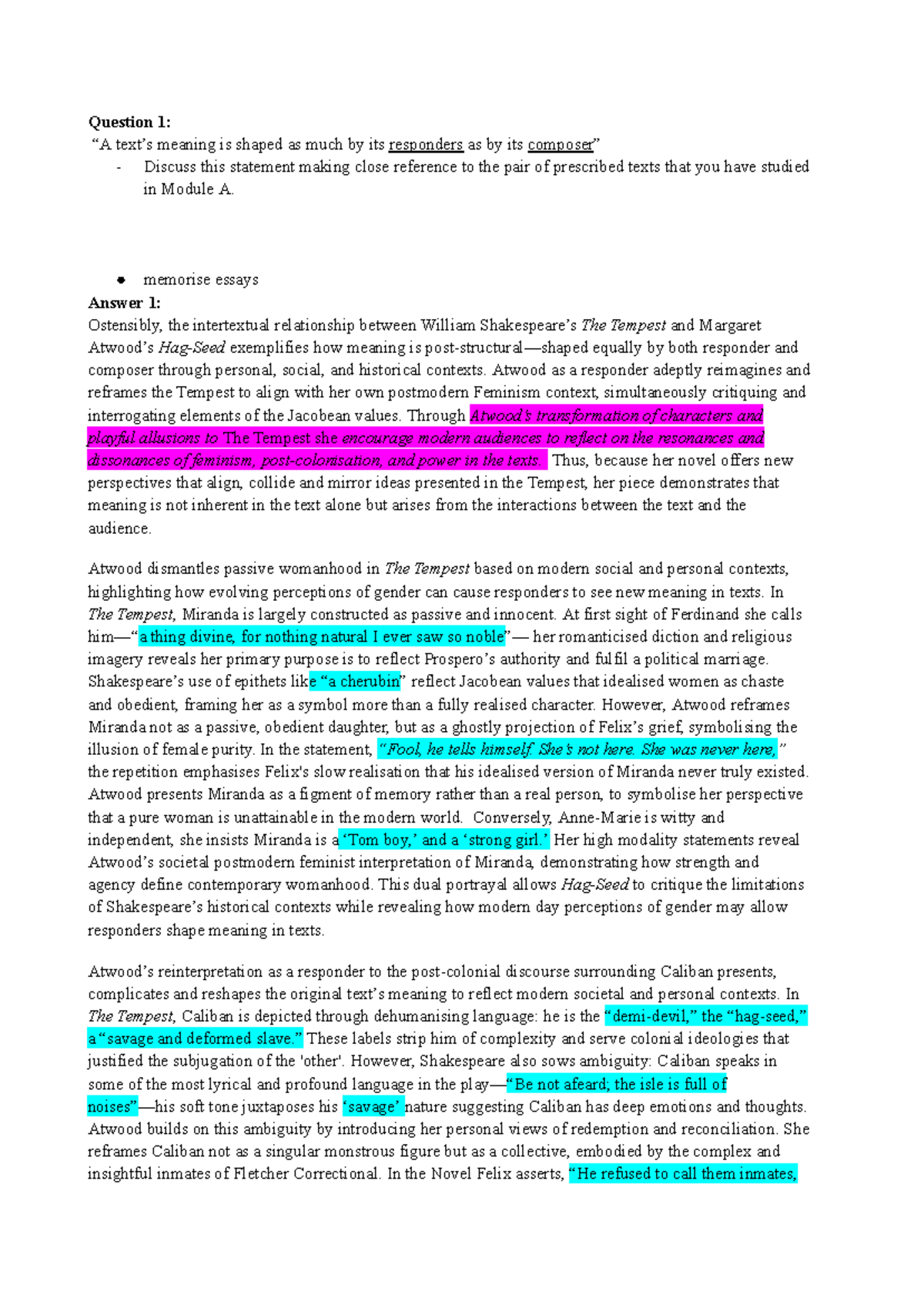 English Module A - Assessment: Intertextuality in Atwood and ...