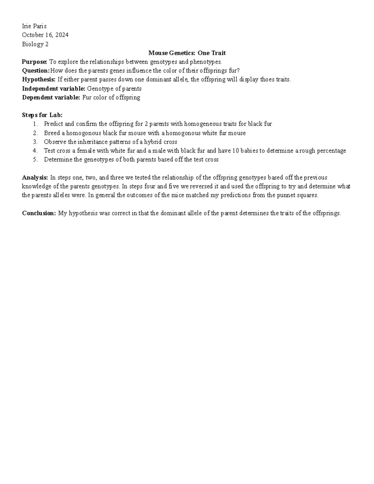 Biology 2 Mouse Genetics Lab Report: Exploring Genotype-Phenotype Links ...