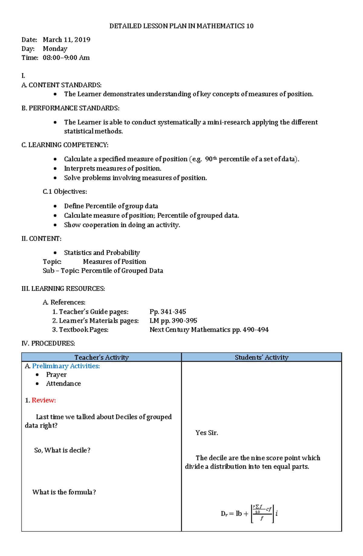 Pdfcoffee.com percentiles-detailed-lesson-plan-pdf-free - DETAILED LESSON PLAN IN MATHEMATICS 10 ...