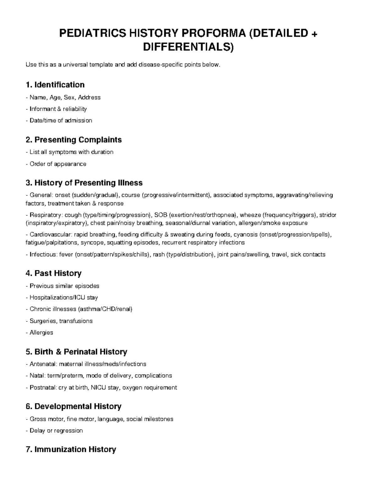 Pediatrics History Proforma: Detailed Differentials Template - Studocu