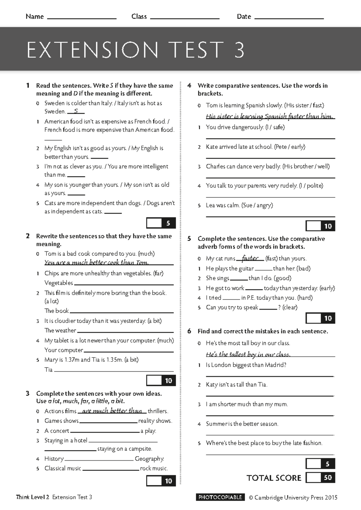 Unit 3 E X TENSION TEST 3 - Comparative Sentences Practice - Studocu