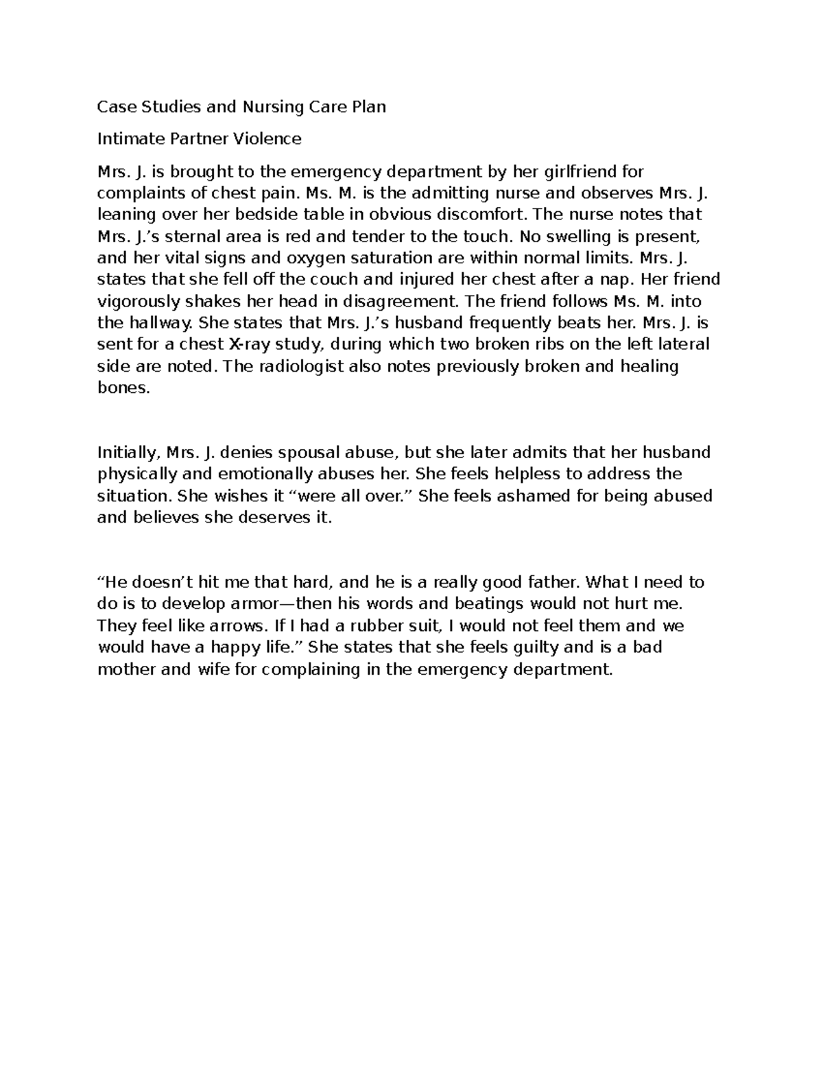 Case Study: Nursing Care Plan for Intimate Partner Violence (IPV) - Studocu